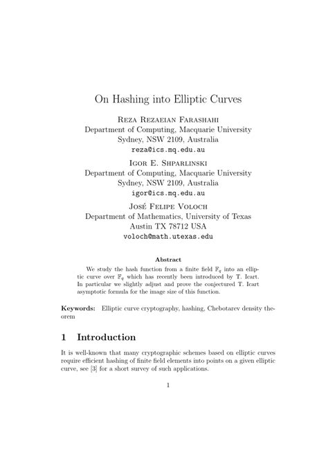 Pdf On Hashing Into Elliptic Curves