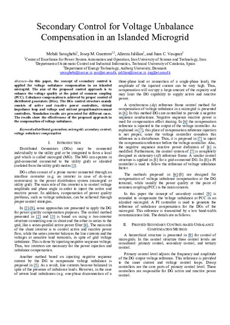 Pdf Secondary Control For Voltage Unbalance Compensation In An Islanded Microgrid