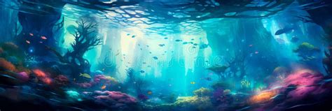 Watercolor Landscape With Rivers Filled With Spectral Fish Glowing In