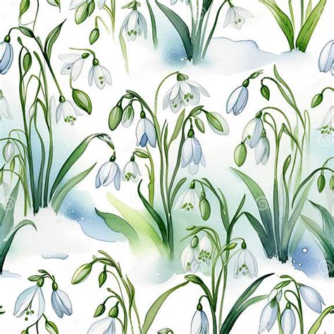 Snowdrops Pattern With Floral Plants Botanical Herbal Watercolor