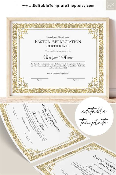 Pastor Appreciation Certificate Template Editable Certificate Of