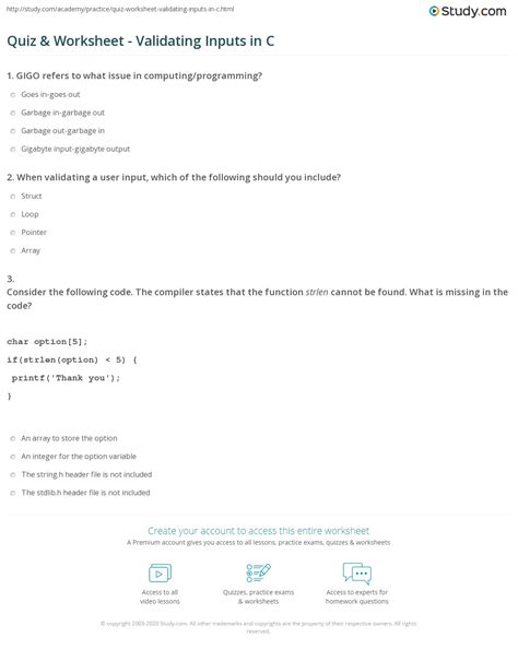 Quiz Worksheet Validating Inputs In C Study Com