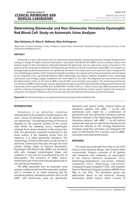 Pdf Determining Glomerular And Non Glomerular Hematuria Dysmorphic