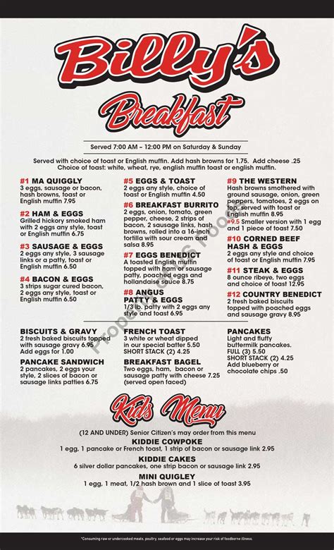 Menu Billys Bar And Grill