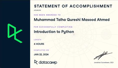 Python Datacamp Certificateachievement Continuouslearning Talha Qureshi