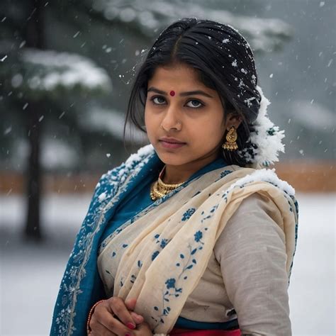 A Woman Stands In The Snow In Front Of A Pine Tree Premium Ai Generated Image