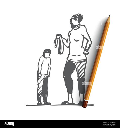 Son Mom Belt Punishment Angry Fear Concept Hand Drawn Isolated