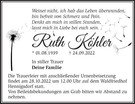 Traueranzeigen Von Ruth Köhler Märkische Onlinezeitung Trauerportal