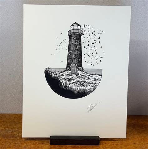 Pen And Ink Illustration Lighthouse Birds Derek Myers Drawing