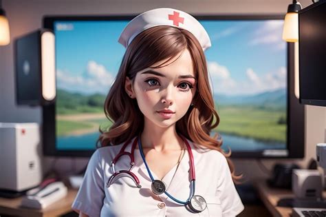 Premium Ai Image A Nurse Stands In Front Of A Computer Screen