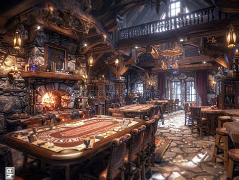 A Fantasy Tavern Scene With Vaulted Wooden Ceilings Stone Carvings