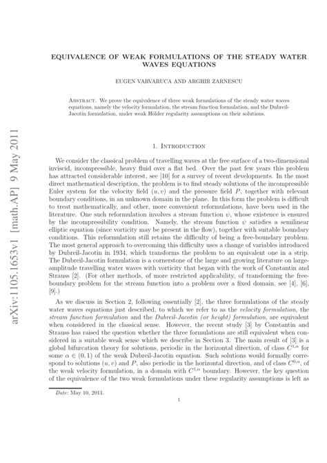 Pdf Equivalence Of Weak Formulations Of The Steady Water Waves Equations