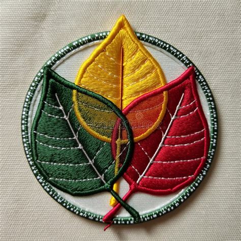 A Circular Patch With Three Overlapping Leaf Patterns In Green Yellow And Red Each Separated