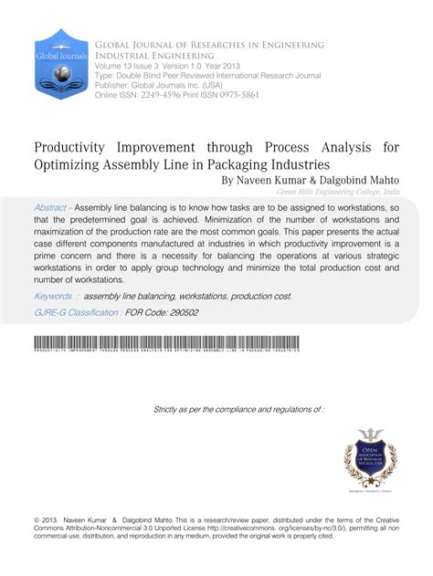 Pdf Productivity Improvement Through Process Analysis For Optimizing Assembly Line In