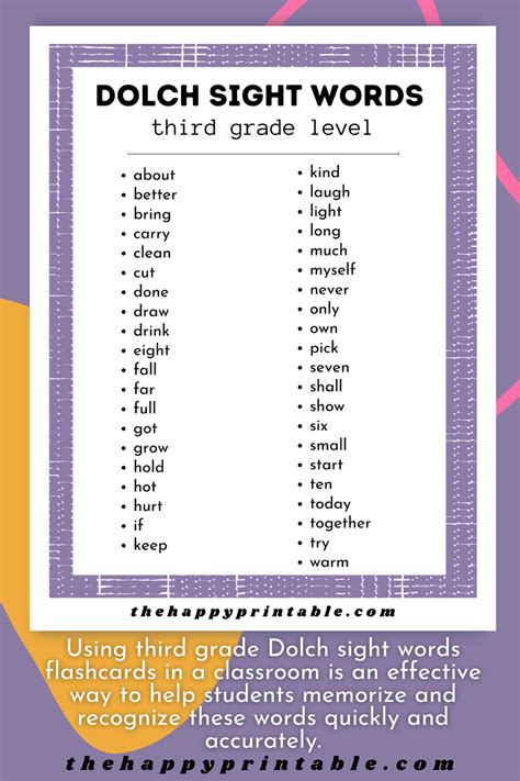 Third Grade Sight Words Flashcards The Happy Printable