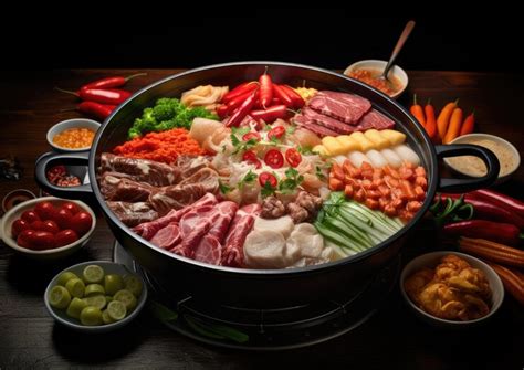A Traditional Chinese Hot Pot With A Variety Of Meats And Vegetables
