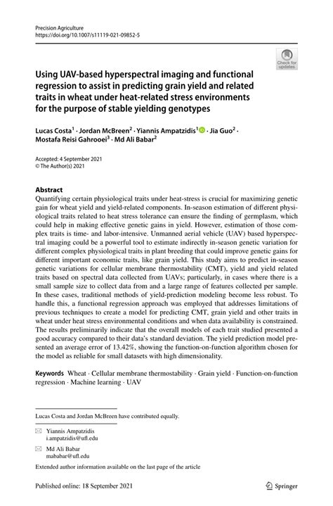Pdf Using Uav Based Hyperspectral Imaging And Functional Regression