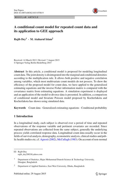 Pdf A Conditional Count Model For Repeated Count Data And Its Application To Gee Approach