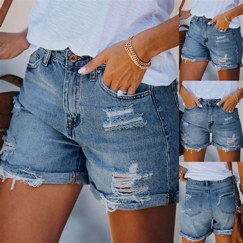 Trendy Womens Jean Shorts High Waisted Ripped Denim With Pockets