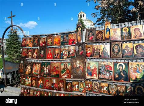 Religious Icons For Sale At A Flea Market Near Alexander Nevski Cathedral Sofia Bulgaria
