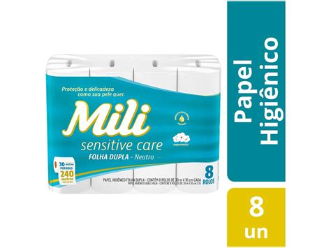 Papel Higiênico Folha Dupla Mili Sensitive Care 8 Rolos 30m