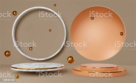 오렌지 연단은 비어 있고 현대적인 무대 디스플레이 및 미니멀리스트 모형 추상 쇼케이스 배경 개념 3d 그림 또는 3d 렌더링을 위한 갈색 구성의 기하학적 모양이 있는 공 0