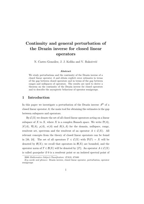 Pdf Continuity And General Perturbation Of The Drazin Inverse For