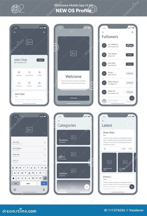 Wireframe Kit for Mobile Phone. Mobile App UI, UX Design. New OS Profile Stock Vector ...