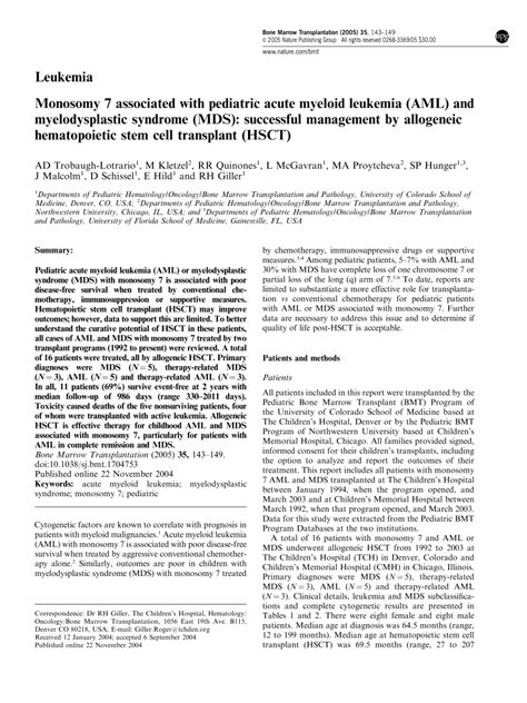 Pdf Monosomy 7 Associated With Pediatric Acute Myeloid Leukemia Aml