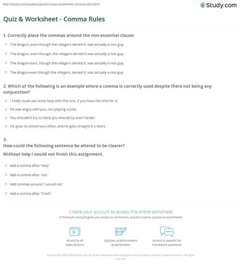 Quiz And Worksheet Comma Rules