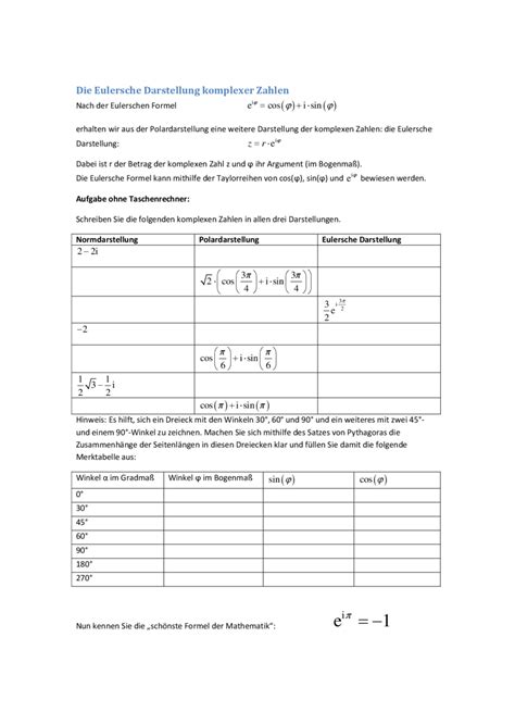 Arbeitsblatt Die Eulersche Darstellung Komplexer Zahlen