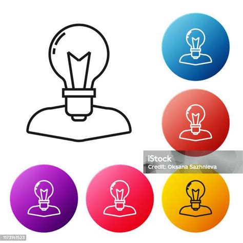 흰색 배경에 격리 램프 전구 아이콘 검은 선 인간의 머리 아이콘 다채로운 원 버튼을 설정합니다 벡터 일러스트레이션 개념에 대한 스톡 벡터 아트 및 기타 이미지 Istock