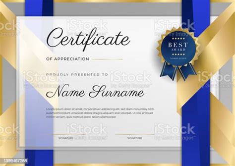 고급 배지와 현대적인 라인 패턴이있는 업적 국경 템플릿의 파란색과 금색 인증서 수상 비즈니스 및 교육 요구 사항 감탄에 대한