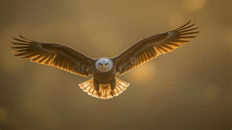Front Facing Bald Eagle In Flight With Sunlit Wing Edges Stock