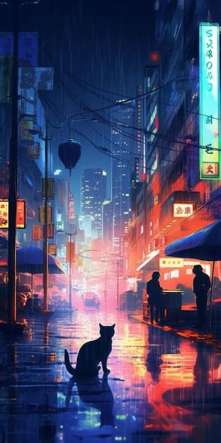 Premium Ai Image A City Street With A Cat In The Rain