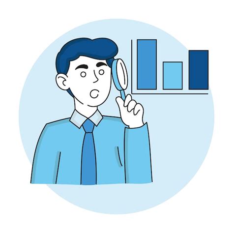 돋보기와 막대 차트를 가진 남자 데이터 분석 통계 통계 정보 전략 분석 예산 회계 연구 흰색 배경에 파란색 색상의 벡터 그림 프리미엄 벡터