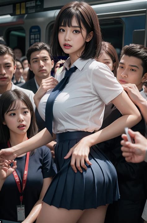 痴漢行為18 泣いている日本人女性 とても大きな胸 大きな胸 ホワイト半袖シャツ1枚濃い青のネックリボン Seaart Ai