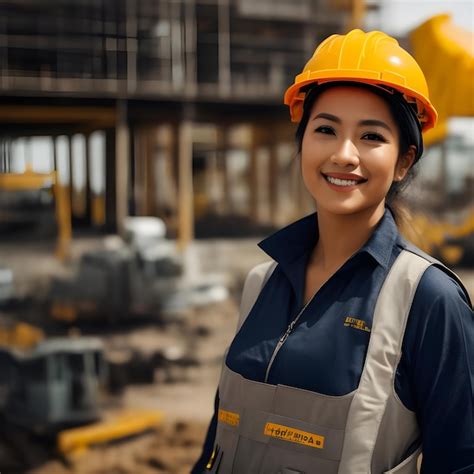 Woman Working On A Construction Site Construction Hard Hat And Work Vest Premium Ai Generated