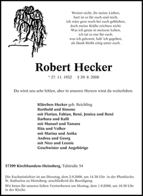 Traueranzeigen Von Robert Hecker Trauer In Nrw De