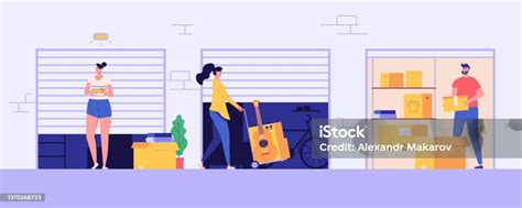 개인 물품을 임대 셀프 스토리지 단위로 보관하는 이웃 상자를 들고 있는 남자와 여자 자체 저장 장치 작은 미니 창고 임대 차고의 개념 플랫 디자인의 벡터 일러스트레이션