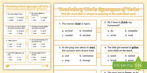 Cursive Synonyms Of Verbs Vocabulary Worksheet Twinkl