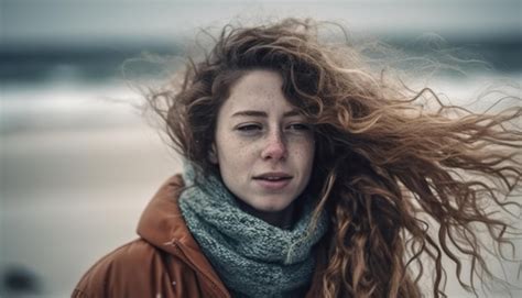 Young Women Feel The Cold Wind On The Beach Premium Ai Generated Image