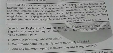 Gawain sa pagkatuto bilang 3: Basahin at unawain ang mga talata. Sagutin ang mga tanong sa bawat ...