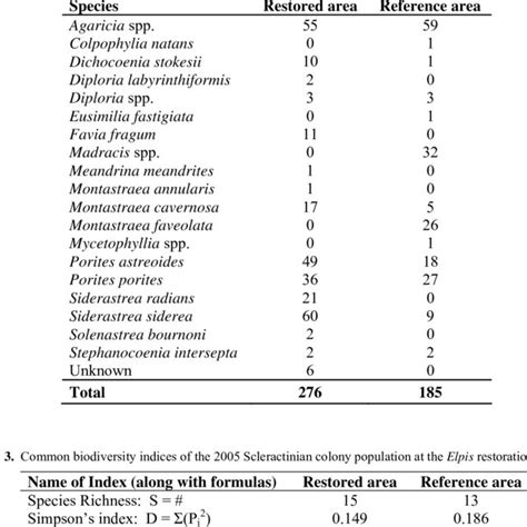 Number Of Scleractinian Colonies By Species Surveyed In 2005 At The Download Table