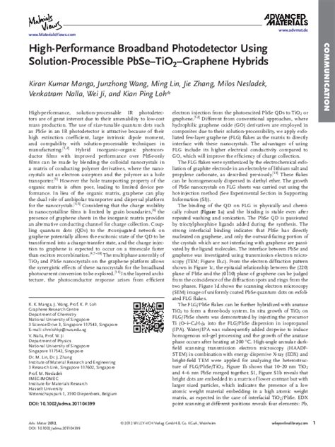 Pdf High Performance Broadband Photodetector Using Solution Processible Pbse Tio2 Graphene Hybrids