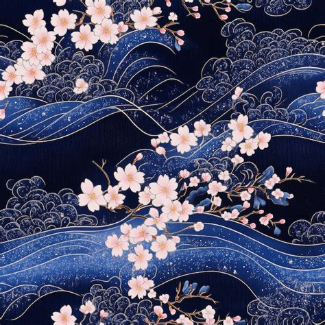 A Traditional Japanese Fabric Pattern Showcasing A Repeating Design Of Sakura Blossoms Floating