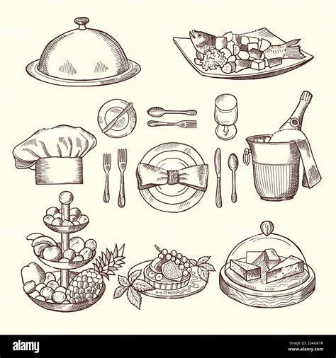 Foods On Dishes Monochrome Pictures For Design Restaurant Menu Vector