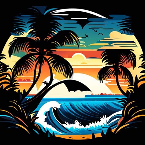Premium Vector Ocean Palms Tree Surf Background Tshirt Print Style Illustration