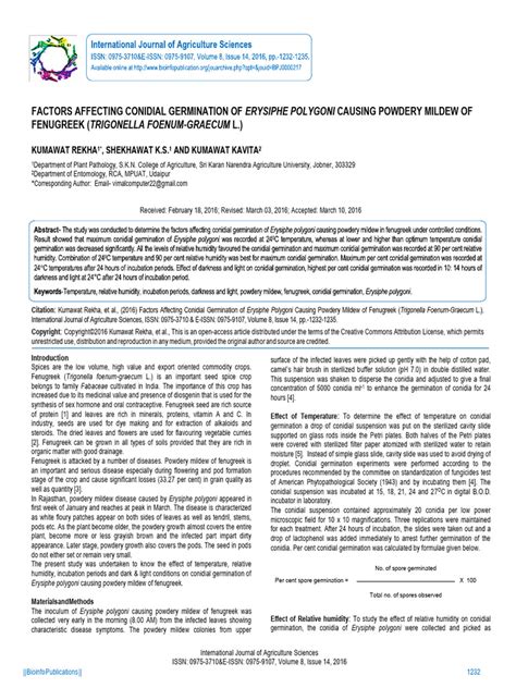 Factors Affecting Conidial Germination Of Erysiphe Polygoni Causing Powdery Mildew Of Fenugreek