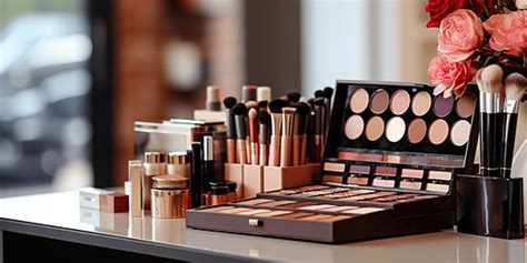 Cosmetic Products At A Makeup Artist S Desk Workplace With Beauty